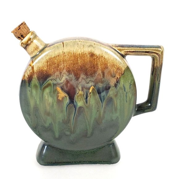 Accents | Art Deco Decor Flask W Stopper Handle Art Pottery Brown Blue ...